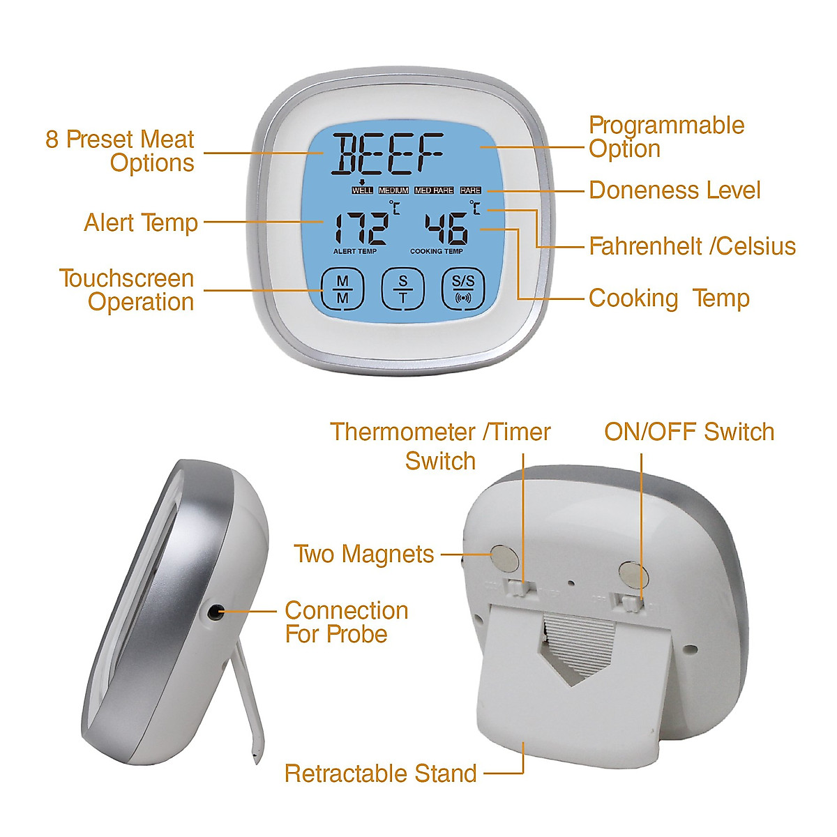 Digital Meat Thermometer for Food in Oven Grill Kitchen, with 1 Stainless Steel Probe and Timer