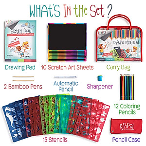 Kipipol 63 Pcs Drawing Stencils for Kids Ages 4-8 - 8-12 and Up - Arts and Crafts for Girls and Boys - Kids Drawing kit - Art Set- 15 Art Stencils, 260+ Designs -Scratch Art- Creativity Gifts & Toys
