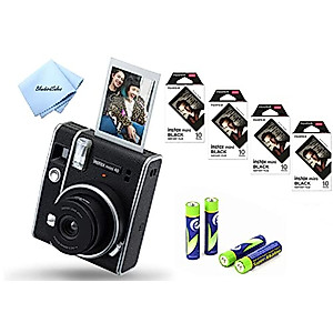 Fujifilm Instax Mini 40 Instant Camera Black + Fujifilm Instax Black Frame Film (40 Exposures) + 4AA Battery + BluebirdSales Cleaning Cloth