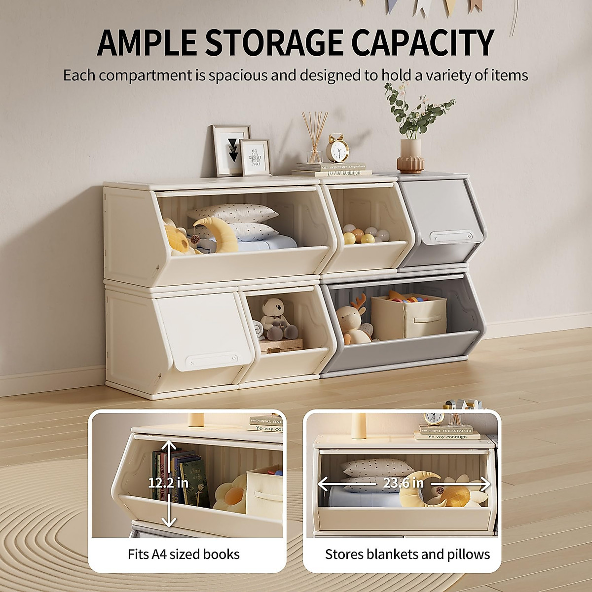 UNICOO® 2+4 Free Combination Stackable Plastic Storage Cabinet | Customizable Storage Shelves, Lightweight Organizer, Efficient Storage and Organizer | Home, Office, School, Dorm (2+4 Gray & Cream)