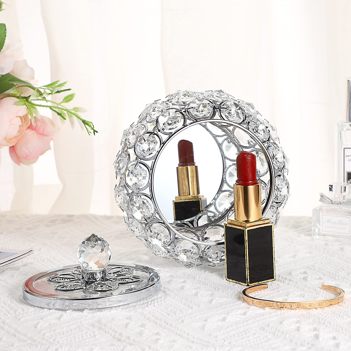 Hipiwe Crystal Jewelry Box with Glass Lid Small Trinket Organizer Mirrored Treasure Box Ring Holder Earrings Necklace Storage Box Keepsake Gift Box for Home Dresser Decor, Silver