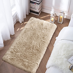 Faux Fur Rug, Beige Small Fluffy Rug for Sofa Chair Couch Cover 2x4 Feet, Ultra Soft Fuzzy Shag Rug for Bedroom, Indoor Shaggy Plush Floor Carpets Luxury Home Decor for Bedside