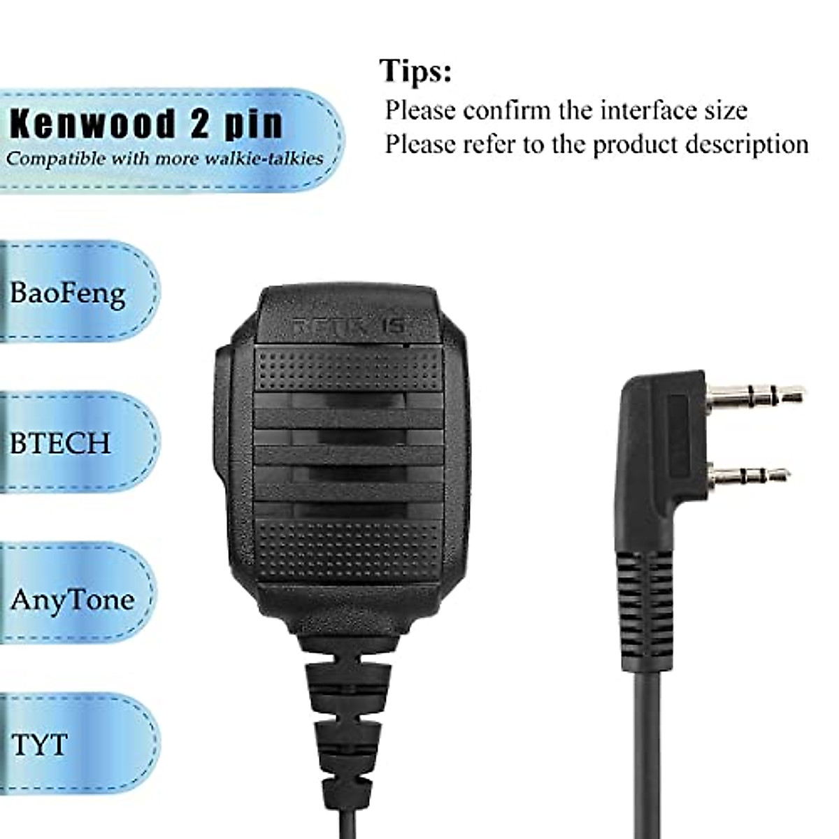 Retevis IP54 Waterproof 2 Pin Walkie Talkie Speaker Microphone Compatible with Retevis RT22 RT21 RT68 H-777 RT22S RB29 RT86 RT-5R RT19 RT27 Baofeng BF-F8HP UV-5R Arcshell AR-5 Two Way Radio(4 Pack)