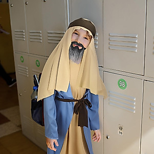 Patelai 6 Pcs Child Shepherd Costume Kids Child Costume with Robe Lining Scarf Sash Cane Beard for Halloween Cosplay(Medium)