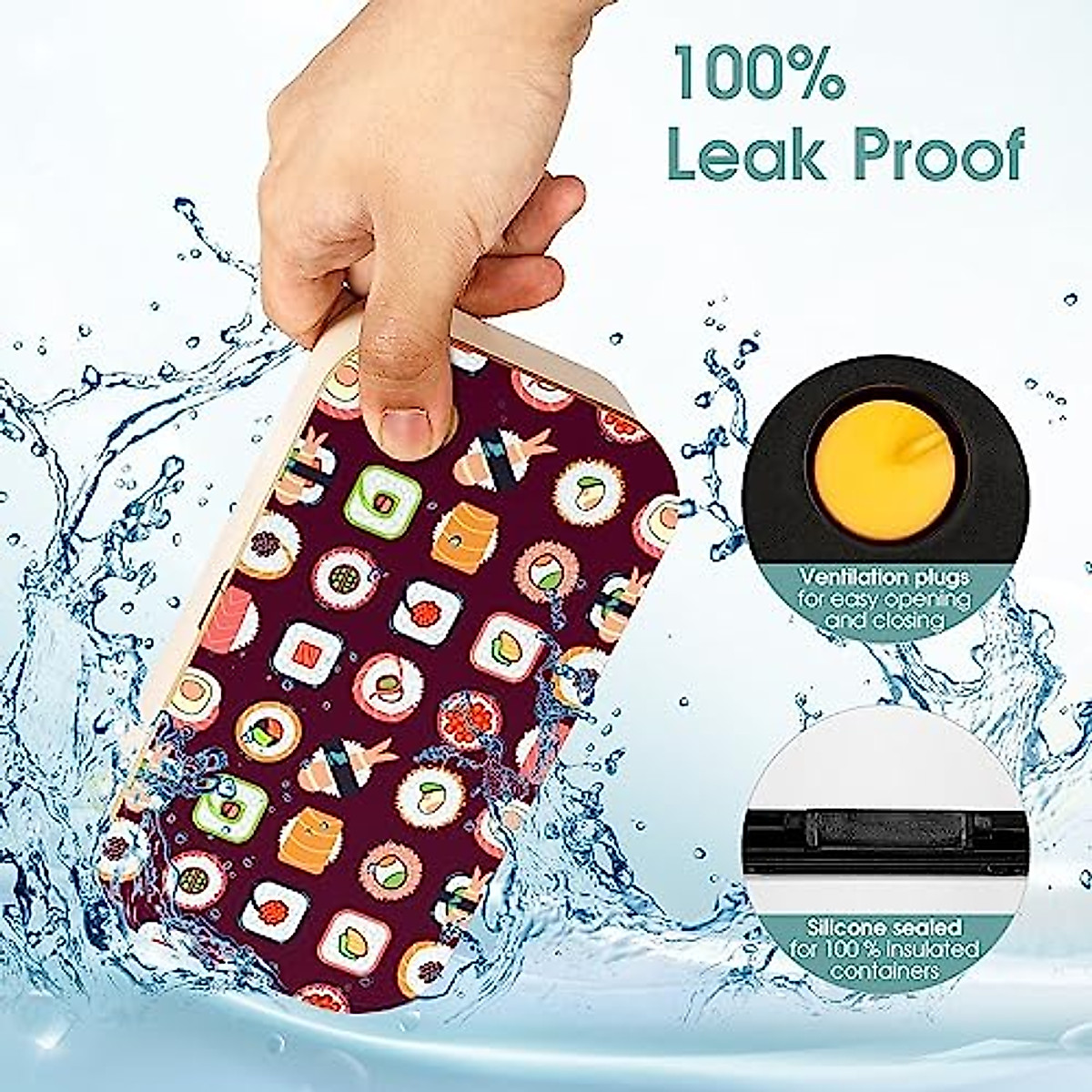 Japanese Food Sushi Pattern Adult Lunch Box with 2 Compartments & Cutlery Leak Proof Meal Prep Containers for Work Travel