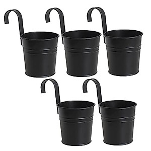 XZJMY 5 Pcs Hanging Flower Pots Metal Iron Bucket Planter Pot Metal Bucket Flower Holder with Hook Indoor Outdoor Decor for Railing Fence Balcony Garden (Black)