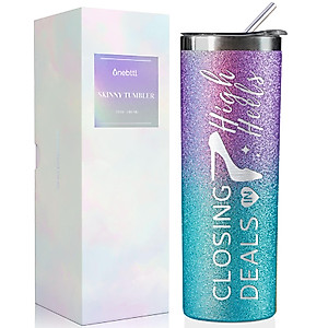 Onebttl Realtor Gifts for Women, Clossing Deals In High Heels, Funny Gifts for Real Estate Agent, Salesman, Boss, Coworkers, Employees, 20 Oz Stainless Steel Tumbler, Glitter Purple
