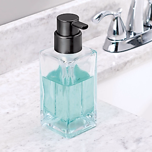 mDesign Glass Refillable Foaming Hand Soap Dispenser Modern Square Pump Bottle for Bathroom Vanities or Kitchen Sink, Countertops - 2 Pack - Clear/Black