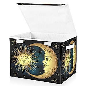 Krafig Boho Chic Golden Sun Moon Foldable Storage Box Large Cube Organizer Bins Containers Baskets with Lids Handles for Closet Organization, Shelves, Clothes, Toys
