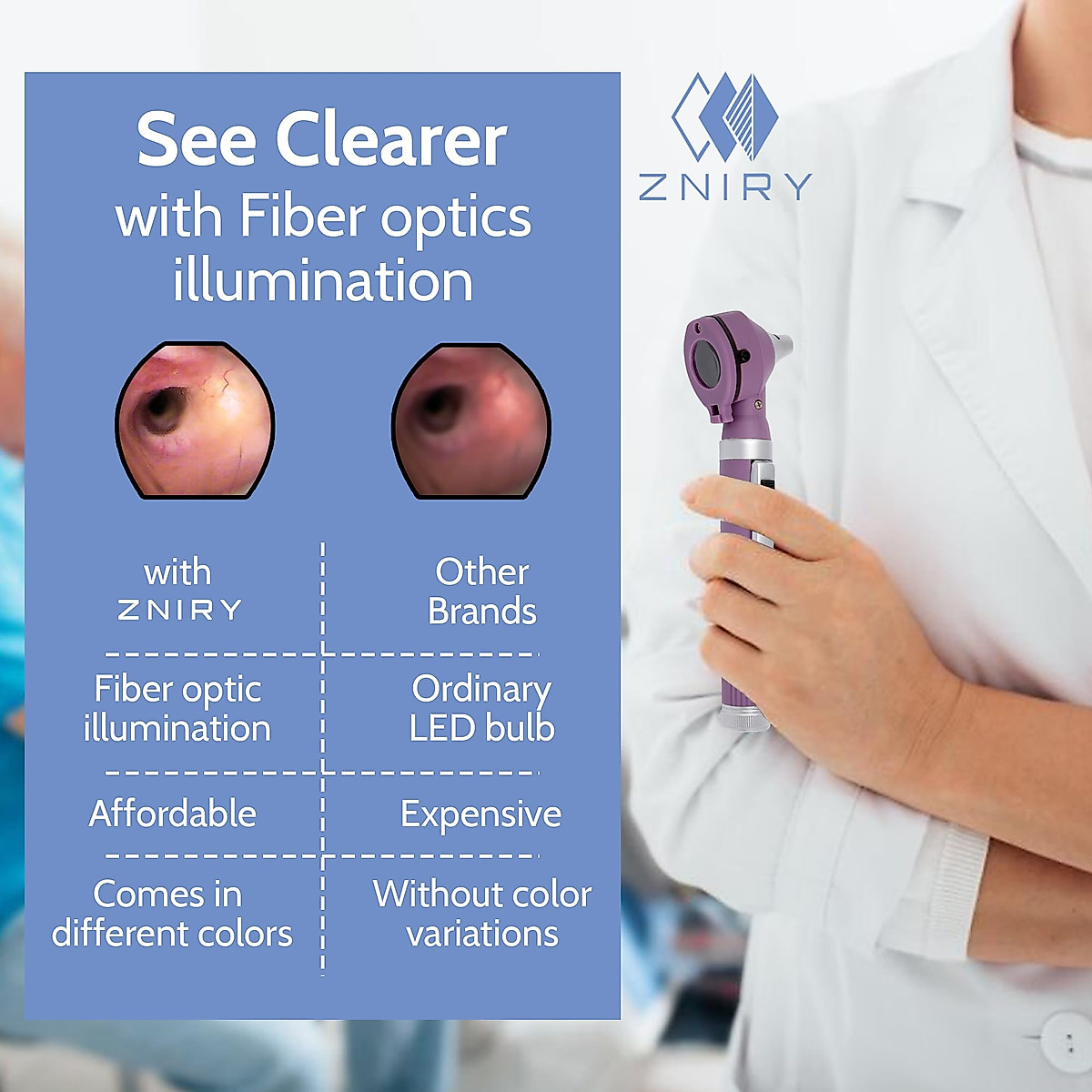 Zniry Fiber Optic Mini Otoscope - Ear Scope with Light, Ear Infection Detector (Purple Color)