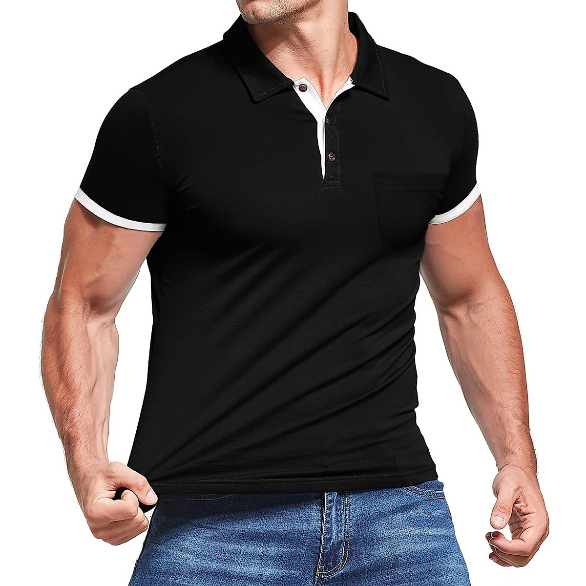 KUYIGO Men's Short Sleeve Polo Shirts Casual Slim Fit Pocket Cotton Collared Shirt Small Black