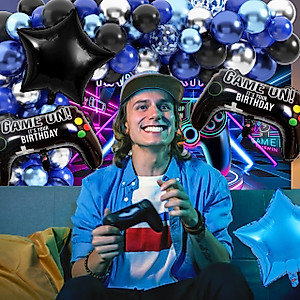 JOPHMO Video Game Birthday Party Decorations for Boy Game Happy Birthday Party Supplies with Happy Birthday Backdrop Banner Gaming Tablecloth Blue Balloon Arch Kit Cake Toppers for Boy Birthday Party