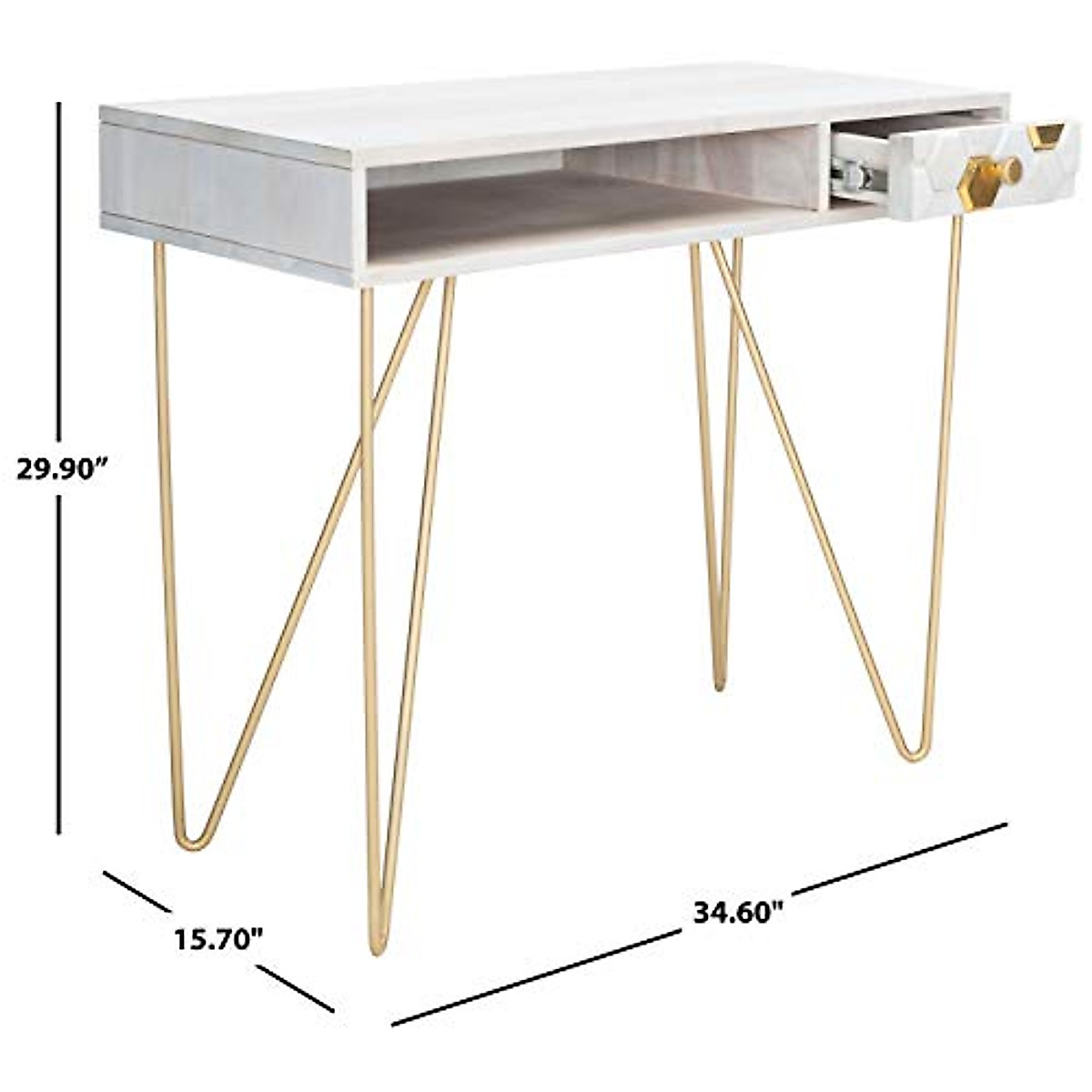 Safavieh Home Office Collection Raveena White Wash and Brass 1-Drawer Hairpin Leg Desk, 0