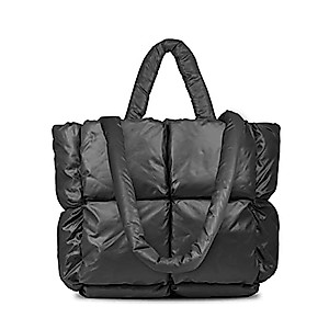 SADDROP Handbags for women,handbags,Large Puffer Tote Bag, Luxury Chic Quilted Cotton Padded Designer Handbags for Women, Winter Soft Puffer Shoulder Bag，Hobo bags for women，Trendy tote bag(Black)