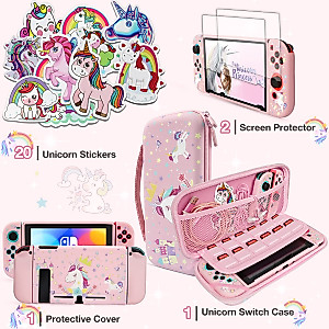 Pink Unicorn Carrying Case Compatible with Nintendo Switch (NOT OLED or LITE) with Dockable Protective Grip Case+Screen Protector+Unicorn Stickers, Hard Storage Case Accessories Kit for Girls Gifts