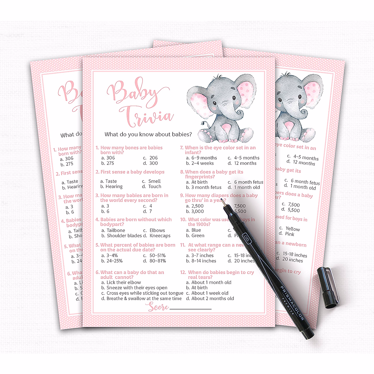 PINK ELEPHANT Baby Shower Game — BABY TRIVIA Baby Shower Games — Pack of 25 — Fun Baby Facts Games, GIRL Baby Shower Games, Pink Cute Polka Dot Baby Elephant Baby Shower Games Activity, SKU G500-TRV