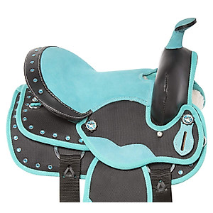 Acerugs 10" 12" 13" Synthetic Western Youth Kids SEAT Quarter Horse Saddle TACK PAD Headstall REINS Breast Collar Set (Turquoise, 12")