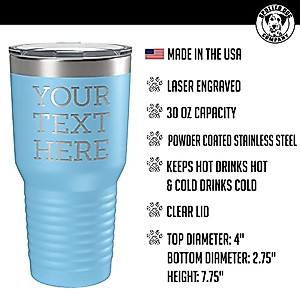 Personalized 30oz (17 Colors) Powder Coated Insulated Stainless Steel Tumbler with Lid, Custom Etched, Customized Text Message Name, Engraved Gift Idea Women Men Him Her, Your Text Here (Light Blue)