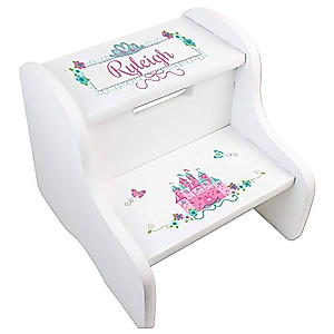 My Bambino Personalized Pink Teal Princess Castle Toddler Childrens White Step Stool
