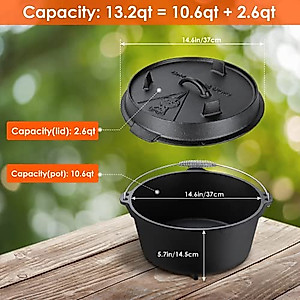 LIFERUN Dutch Oven Pot with Lid, 13.2 Quart Cast Iron Dutch oven, with Lid Lifter Handle & Stand and Dual Function Lid Griddle for Home Cooking BBQ Baking