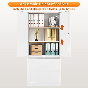 LISSIMO File Cabinet with Lock,Metal Filing Cabinets with Adjustable Shelves and 2 Drawers for Home Office,School Locker Office Storage Cabinet for Letter/Legal/A4 Size Files(White)