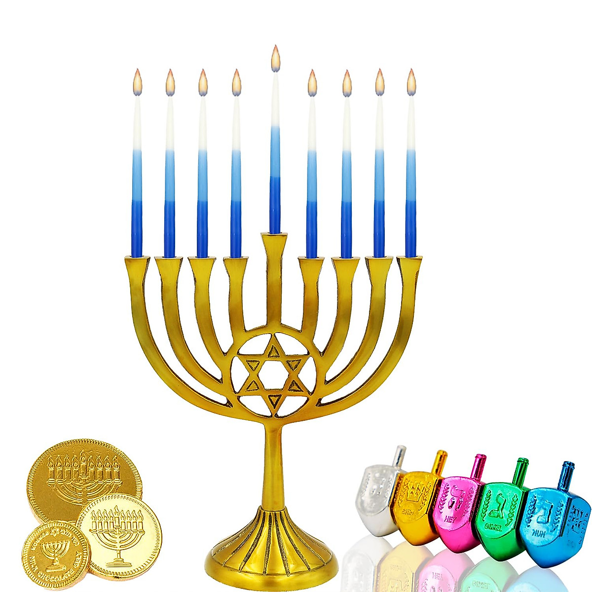 The Dreidel Company Deluxe Tapered Hanukkah Menorah Tri Color Blue, Blue, and White, Candles for All 8 Nights of Chanukah (Single)