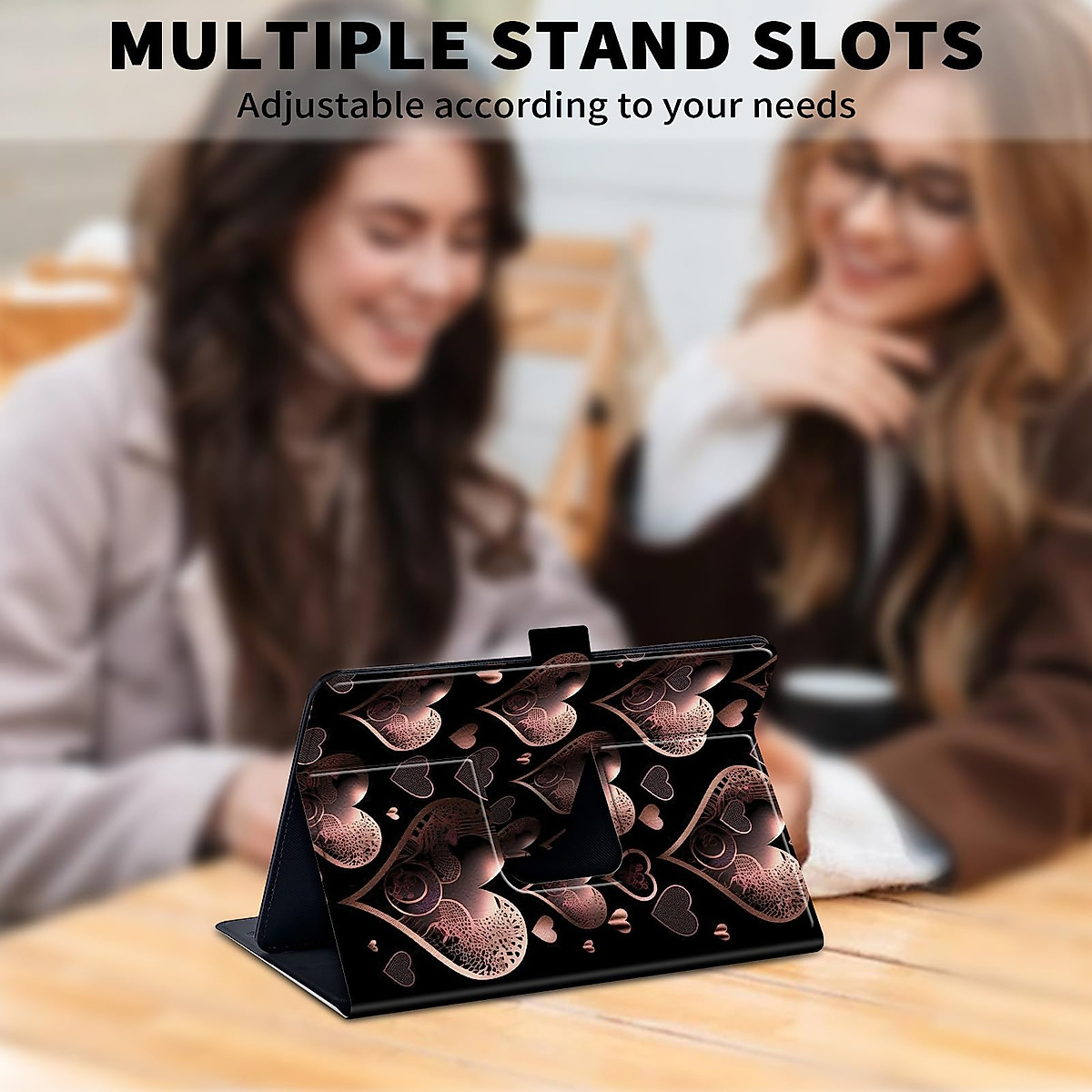 Universal Case for 9-10.5 inch Tablet, Leather Stand Protective Case Cover for 9.7" 10.1" 10.5" Tablet with Adjustable Fixing Silicon Band, Pink Heart