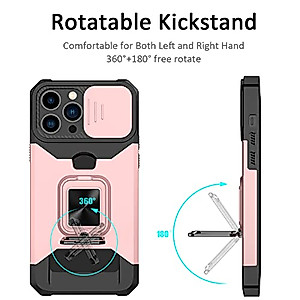 Nvollnoe iPhone 13 Case with Sliding Camera Cover, Card Holder, Heavy Duty Protective, Magnetic Kickstand - (Rose Gold)