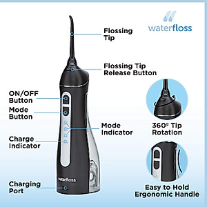 Waterfloss Water Flosser Small Cordless Water Pick Teeth Cleaner Dental Oral Irrigator with 4 Modes and USB Rechargeable Lithium Battery, Black