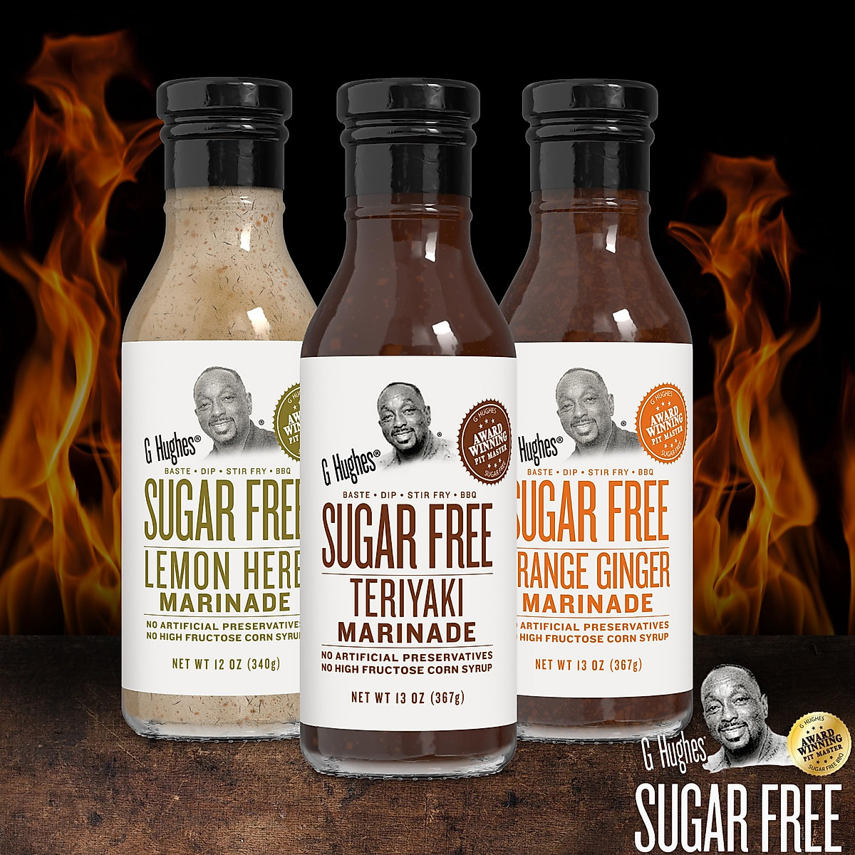 G Hughes Sugar Free, Assorted Marinades - Gluten Free, Sugar Free Sauces and Marinades Gift Sets, Marinades for Meats, (1) Lemon Herb 12oz bottle (1) Teriyaki 13oz bottle & (1) Orange Ginger 13oz