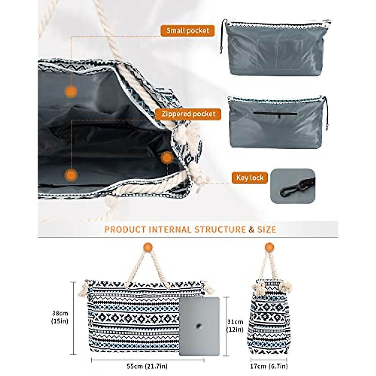 LIVACASA Extra Large Thickening Waterproof Beach Bags for Women Men, Travel Tote Bag with Zipper Sandproof Beach Tote Bag