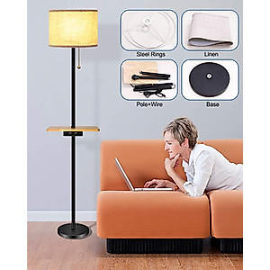 lifeholder Floor Lamp, Modern Floor Lamp with Dual USB Ports & Rectangle Tray Table, LED Floor Lamp with Line Fabric Shade & Pull Chain, Idea for Bedroom, Living Room or Office