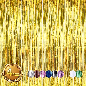 BEISHID 4 Pcs Gold Door Streamers Tinsel Curtain Party Streamers Backdrop Fringe Foil Wall Background for Birthday Halloween Christmas Wedding Party Decoration(3.28 ft x 6.56 ft)