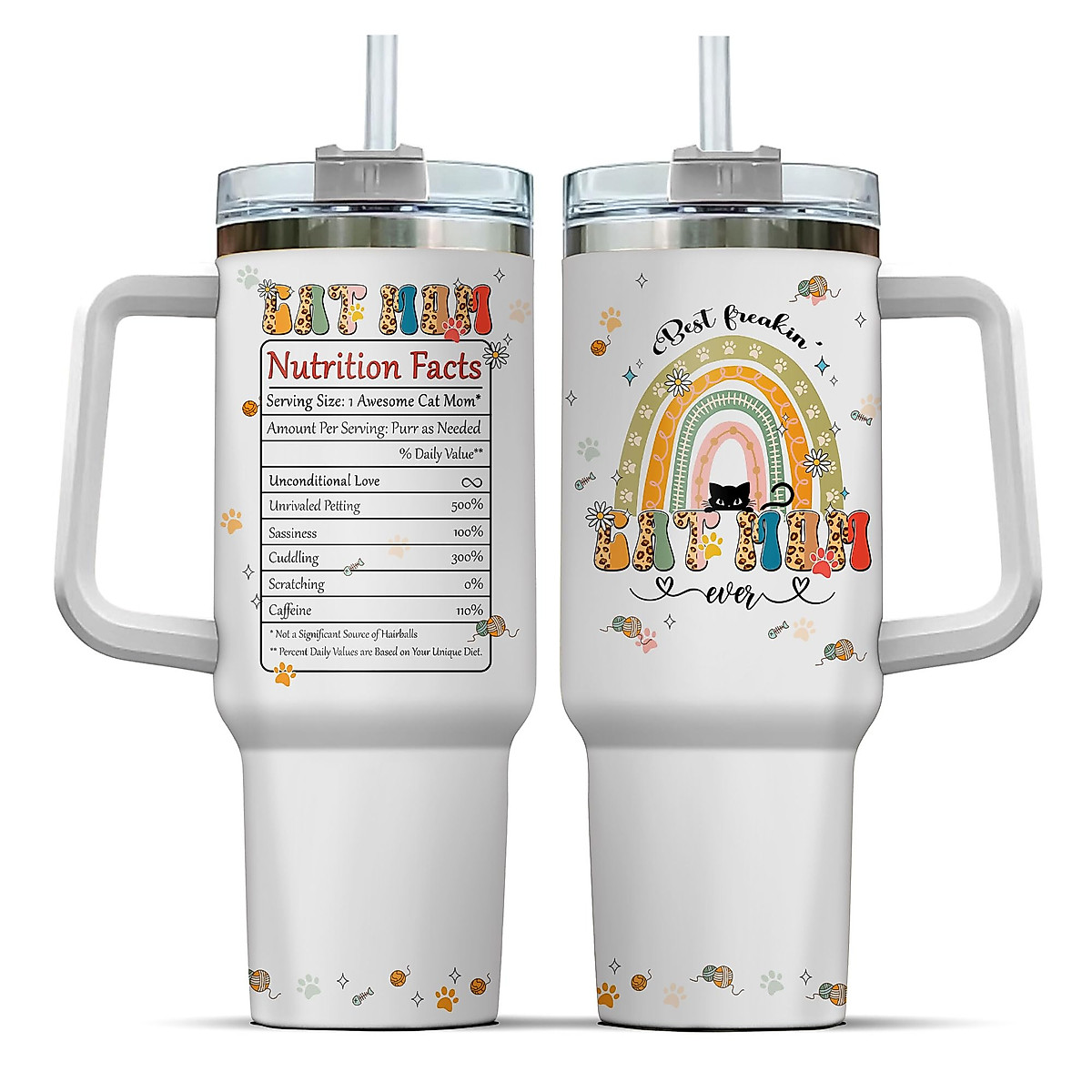 99OWL Cat Mom Rainbow Nutrition Facts, Tumbler 40 Oz With Handle Lid And Straw, Mom Gifts, Funny Cups Simple Insulated Day Straws For Be Mothers Handle Print To Women Mommy Cup
