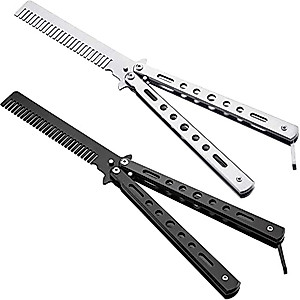 2 Pieces Butterfly Combs Stainless Steel Folding Training Practice Combs Hair Styling Tools for Sport Outdoor Use (Black, Silver)