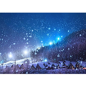 Leowefowa 7X5FT Christmas Backdrop Rustic Village Night View Forest Trees Snowing Shining Lights Blue Sky Winter Xmas Vinyl Photography Background Kids Children Adults Photo Studio Props