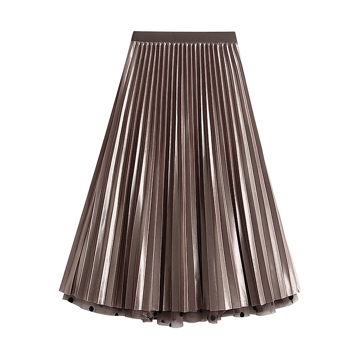 Qoinied Women's Polka Dot Mesh Half-Body Skirt High-Waisted Draped Pleated Skirt Large Hem Tulle A-line Midi Skirts Khaki