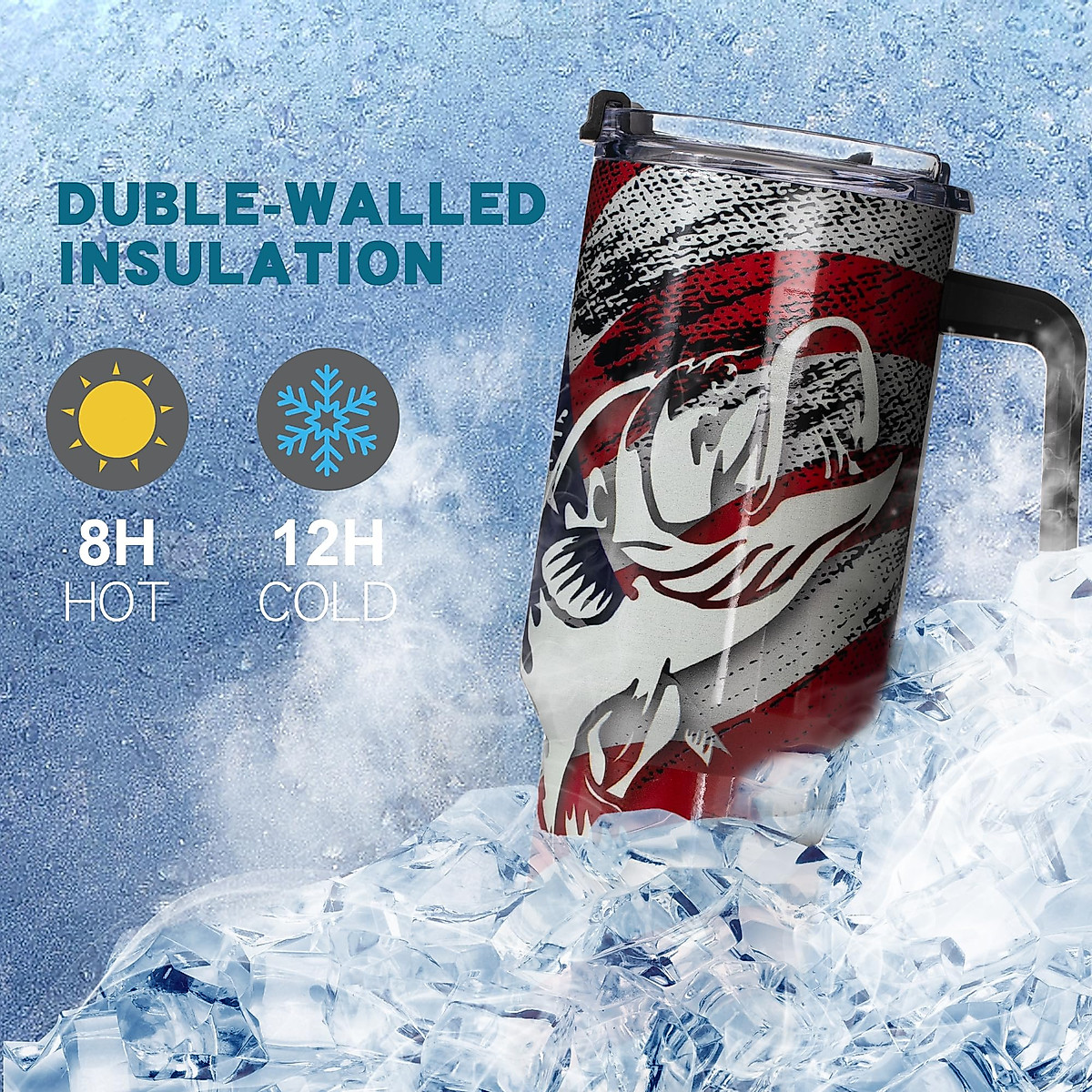 Gome 40oz Fishing Tumbler – American Flag Insulated Stainless Steel Cup with Handle, Lid & Straw, Birthday Gifts for Men, Fishing Gifts for Dad,Gift for Fishermen