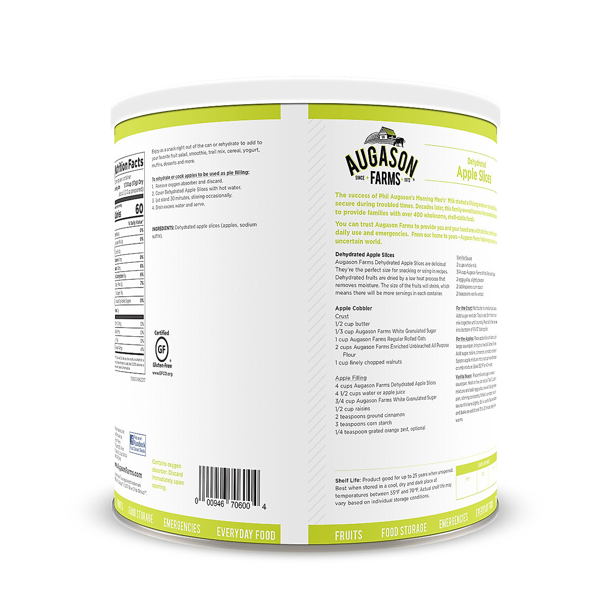 Augason Farms Dehydrated Apple Slices Certified Gluten Free Long Term Food Storage Large No. 10 Can