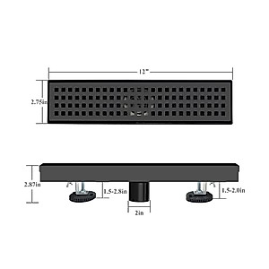 TECFORG 12 Inch Black Rectangular Shower Drain with Removable Quadrato Pattern Cover Grate Accessories and SUS304 Stainless Steel CUPC Certificate (12 inch)