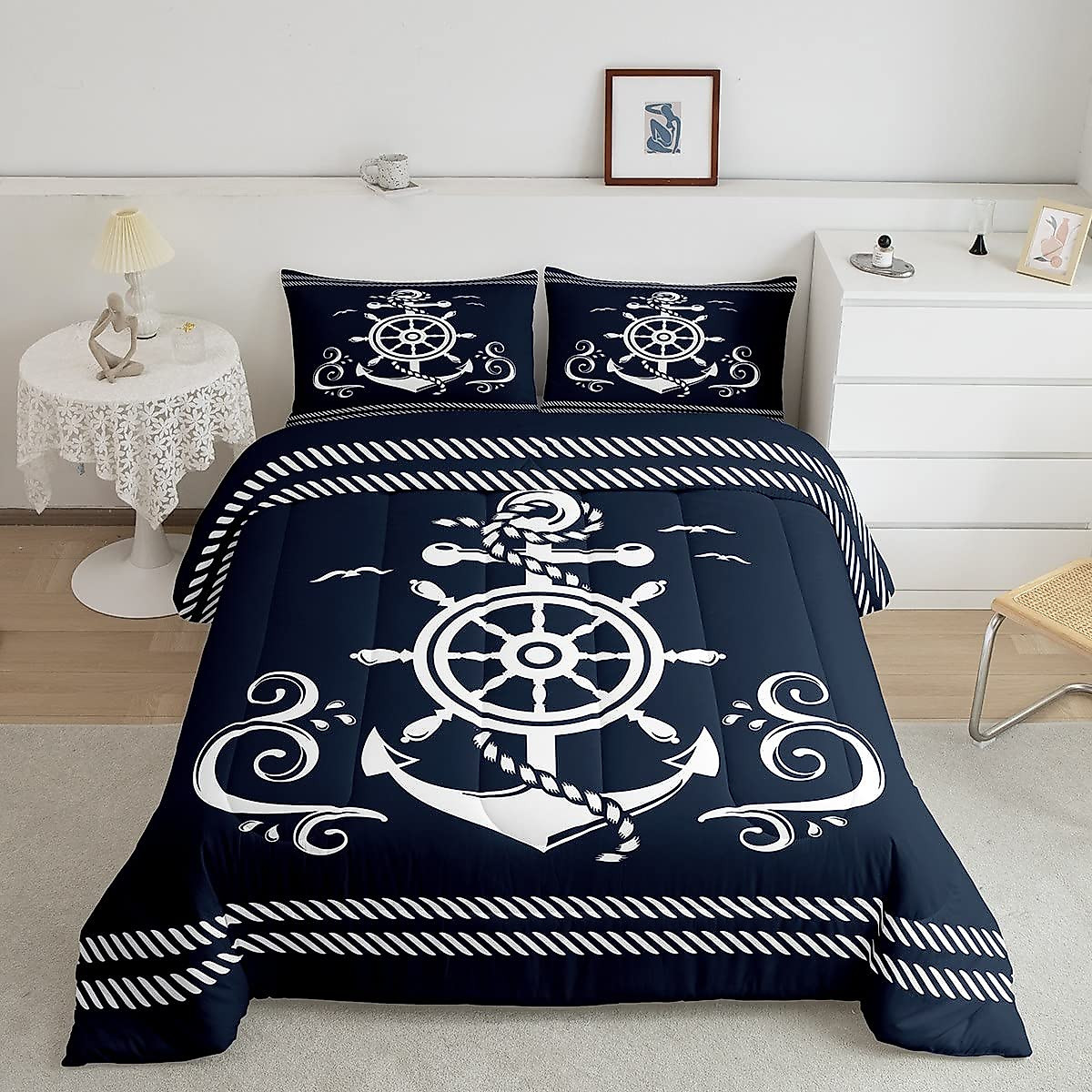 Erosebridal Nautical Anchor Bedding Set for Boys, Compass Adventure Comforter Set Coastal Compass Duvet Sets Ocean Sailboat Bedding Comforters for Kids Teens Adult Bedroom, Navy Blue(Queen Size)