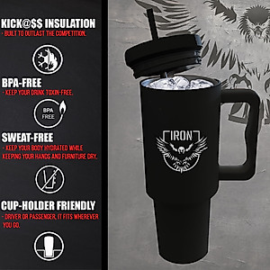Iron Infidel Tactical Tumbler with Straw Lid - 40oz Insulated Tumbler for Men & Women that Fits Car Cup Holder with Rugged Sleeve to Store Keys, Wallet & Phone - Stealth Black