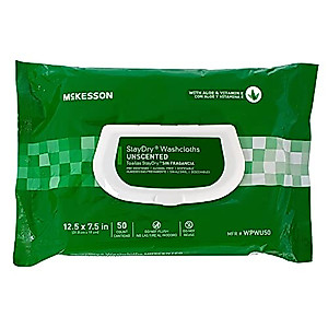 McKesson StayDry Washcloths, Disposable - for All-Over Body Use, Pre-Moistened with Aloe and Vitamin E - Unscented, 7 1/2 in x 12 1/2 in, 50 Wipes, 12 Packs, 600 Total
