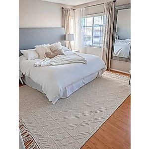 Leonardtown Moroccan Farmhouse Living Room Bedroom Wool Area Rug with Tassel - High Low, Wool - Moroccan Trellis - Hand Woven, Handmade, Beige, Grey, Light Brown - 5' x 7'6"