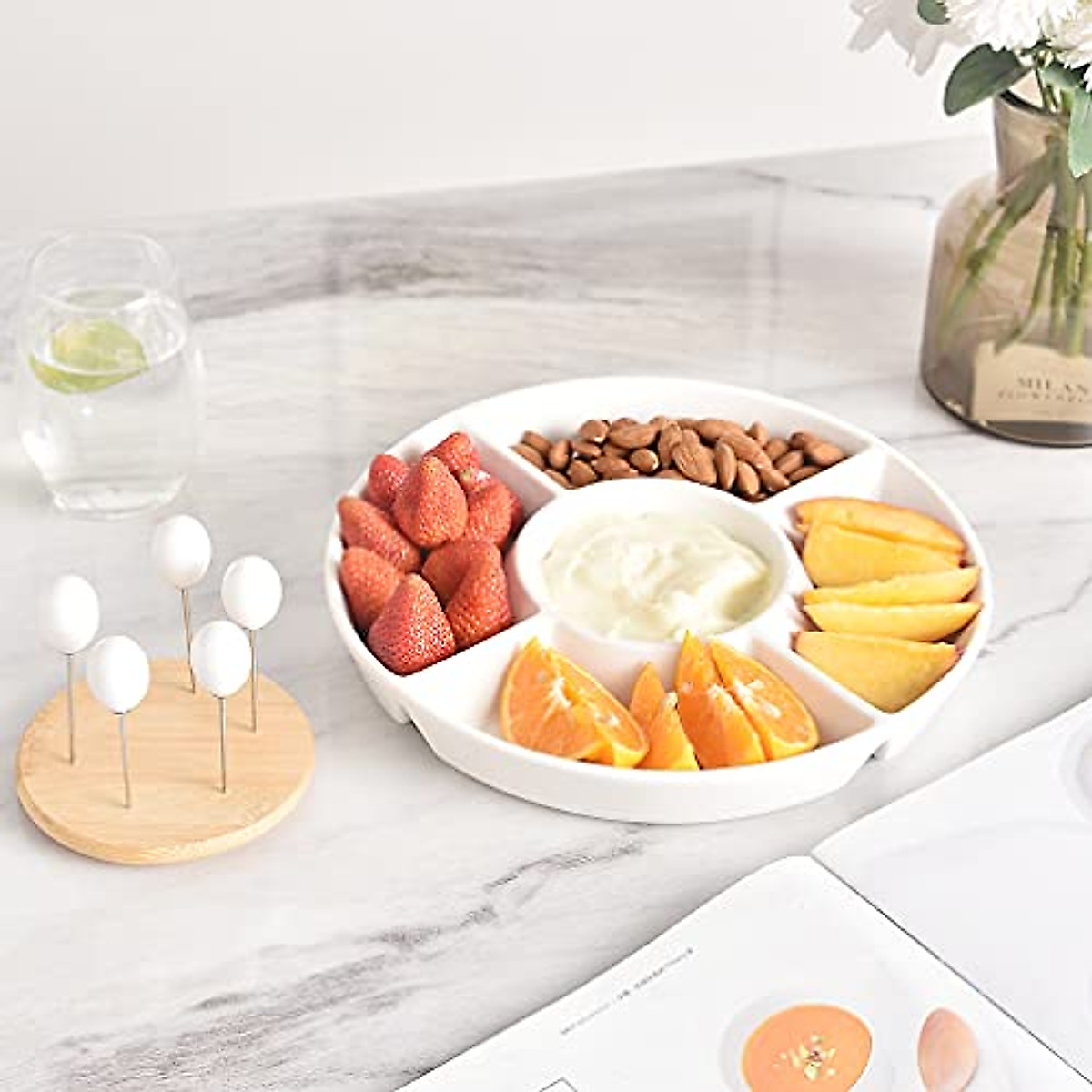 Singkasa Chip & Dip Serving Set Porcelain 4 Sectional Round Divided Serving Platter/Tray with Fruit Insert