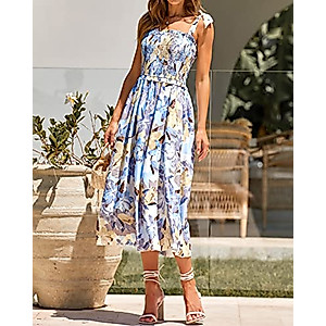 PRETTYGARDEN Women Summer Dresses 2023 Tie Strap Square Neck Smocked Ruffle Flowy Floral Print Boho Maxi Cocktail Dress(Floral White Blue,Large)
