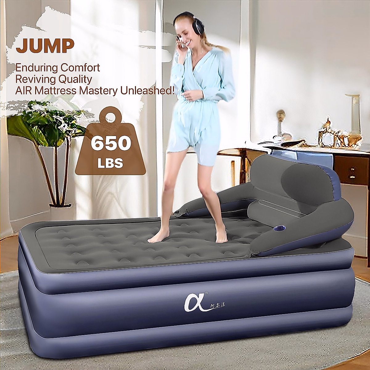 A-ER-FA Queen Air Mattress with Headboard and Cup Holder, Comfort Blow Up Mattress, Inflatable Mattress for Guests and Home, Colchon Inflable, Air Bed