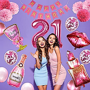 Crenics 21st Birthday Decorations for Her - Hot Pink Happy Birthday Banner, Pom Poms, 21 Number Balloon, Lipstick Champagne Balloons and 24 Latex Balloons for 21st Girls Women Birthday Party Supplies