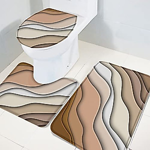 Ombre Bath Rugs for Bathroom Set 3 Piece Beach Geometric Gradient Brown Striped Non-Slip Washable Memory Foam Absorbent Bath Mat Runner Rugs for Tub Shower,U-Shaped Toilet Floor Mats,Toilet Lid Cover
