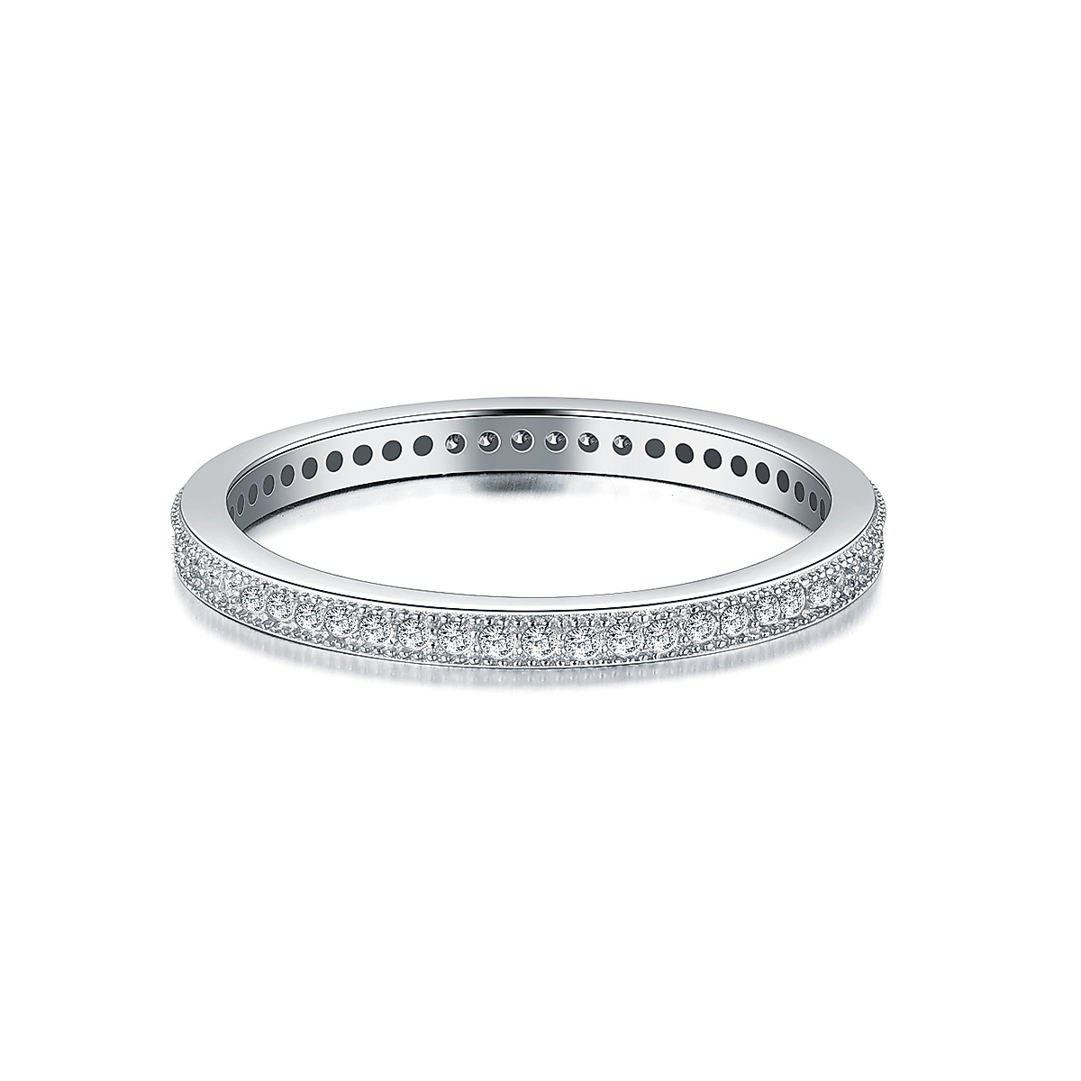 BORUO 2MM 925 Sterling Silver Ring, Cubic Zirconia CZ Wedding Band Stackable Ring Size 8